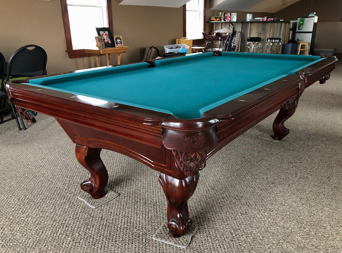 8' PREOWNED SOLID WOOD POOL TABLE INSTALLED WITH ACCESSORIES. WALNUT F ...